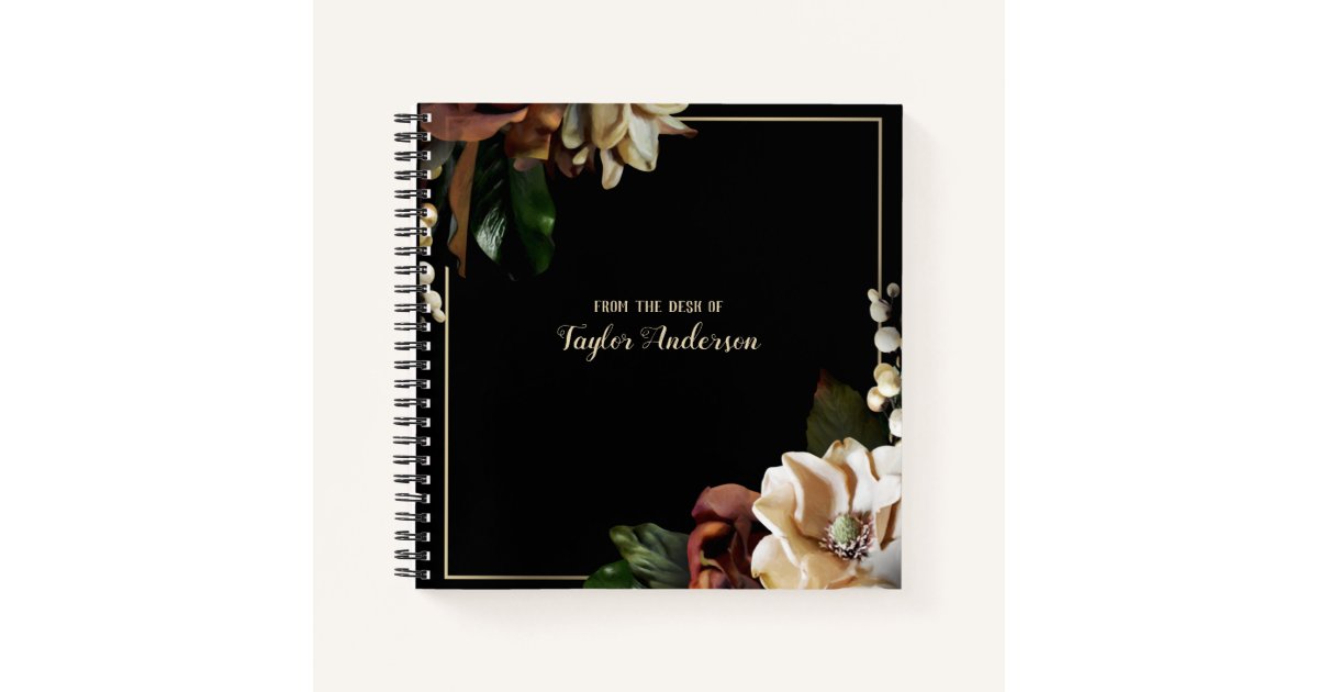 Elegant Gold Floral on Black Personalized Notebook | Zazzle