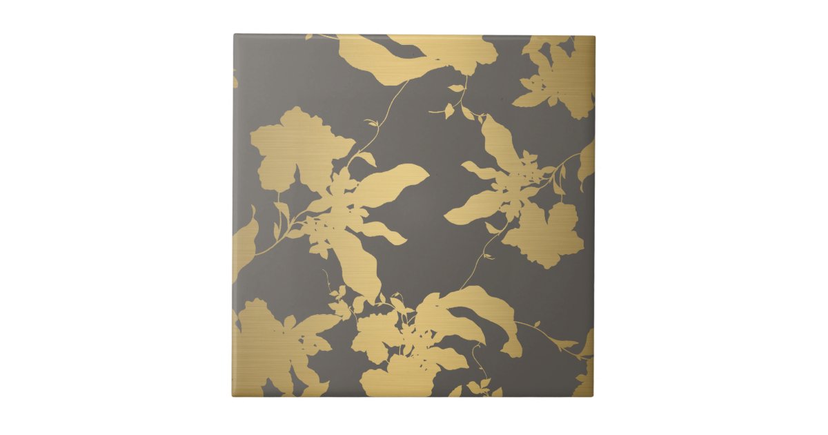 Elegant Gold Floral Pattern Gray Ceramic Tile | Zazzle