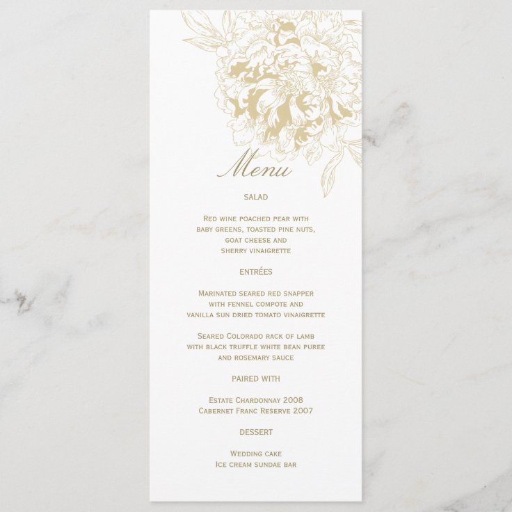 Elegant Gold Floral Peony Wedding Menu | Zazzle