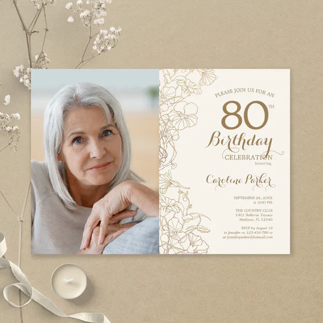 Elegant Gold Floral Photo 80th Birthday Invitation | Zazzle