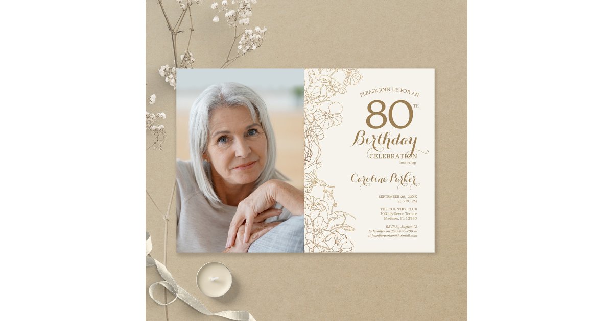 Elegant Gold Floral Photo 80th Birthday Invitation | Zazzle