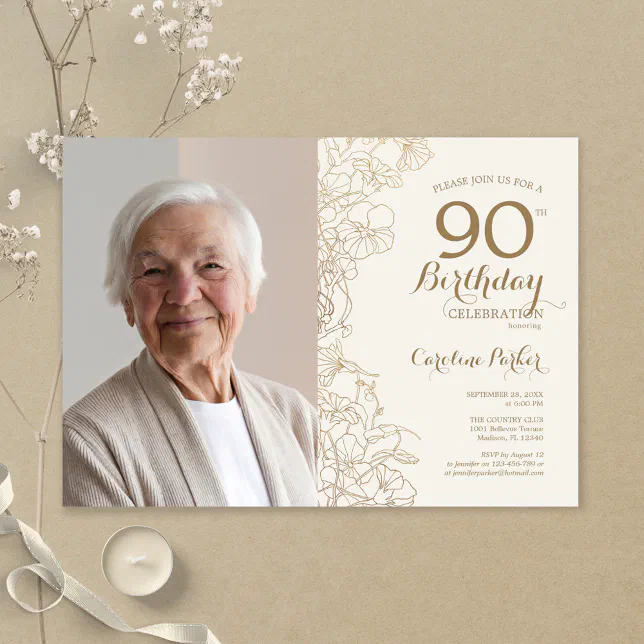 Elegant Gold Floral Photo 90th Birthday Invitation | Zazzle