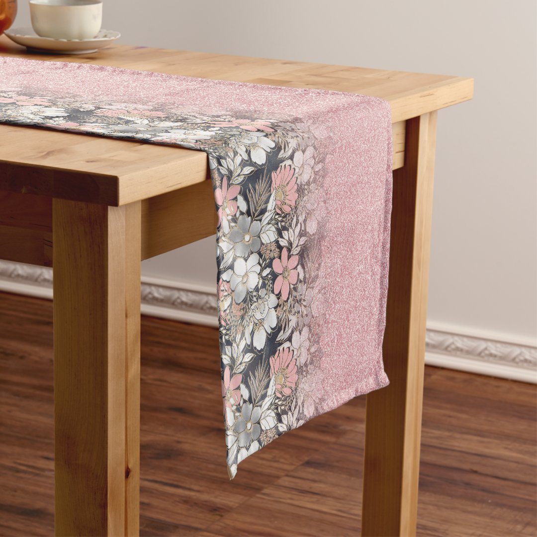 Elegant Gold floral pink Gradient Glitter Image Short Table Runner | Zazzle