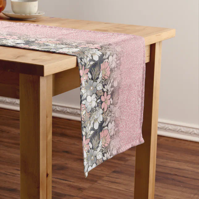 Elegant Gold floral pink Gradient Glitter Image Short Table Runner | Zazzle
