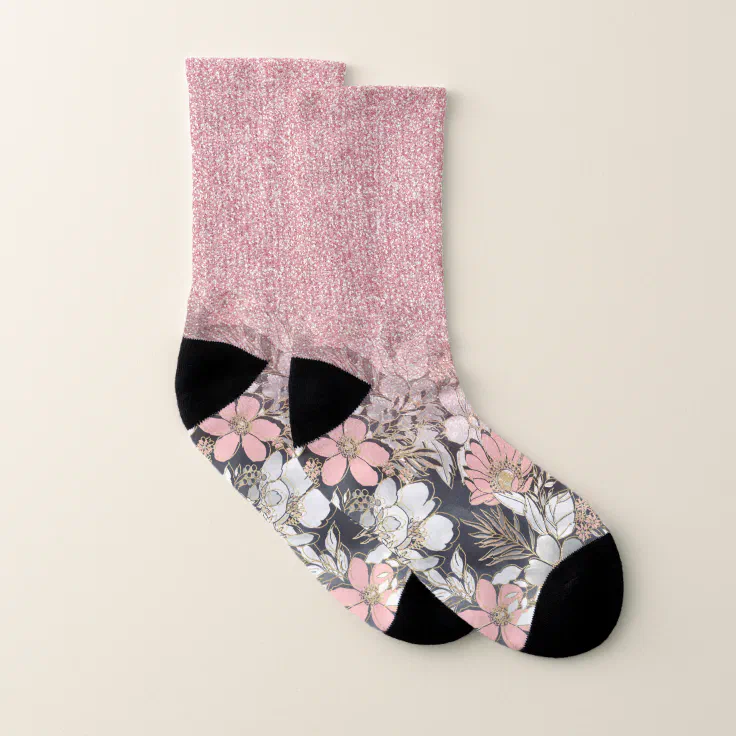 Elegant Gold floral pink Gradient Glitter Image Socks | Zazzle