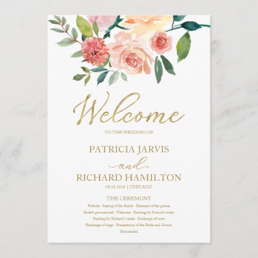 Elegant Gold Floral Watercolor Wedding Program | Zazzle