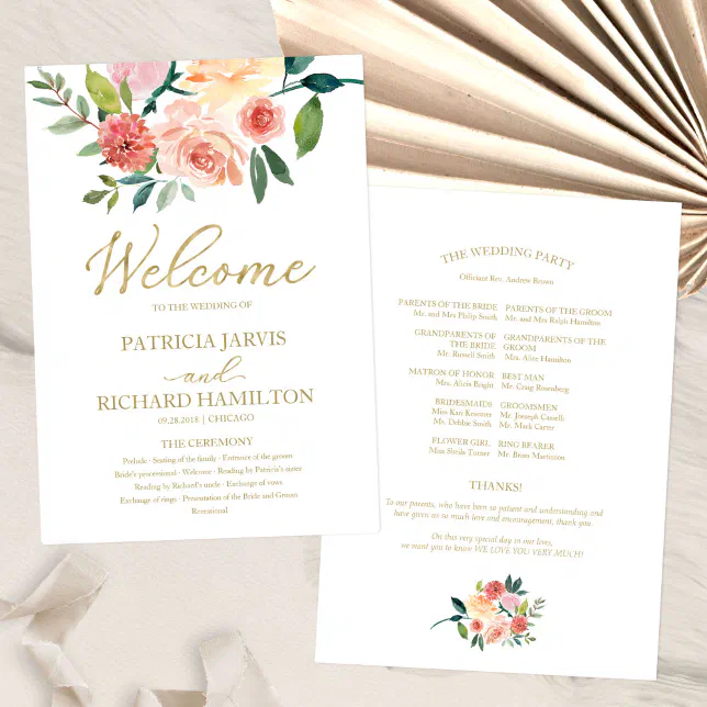 Elegant Gold Floral Watercolor Wedding Program | Zazzle