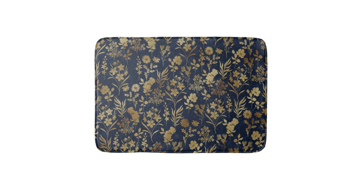 Elegant Gold Flowers Blue Botanical Bath Mat | Zazzle