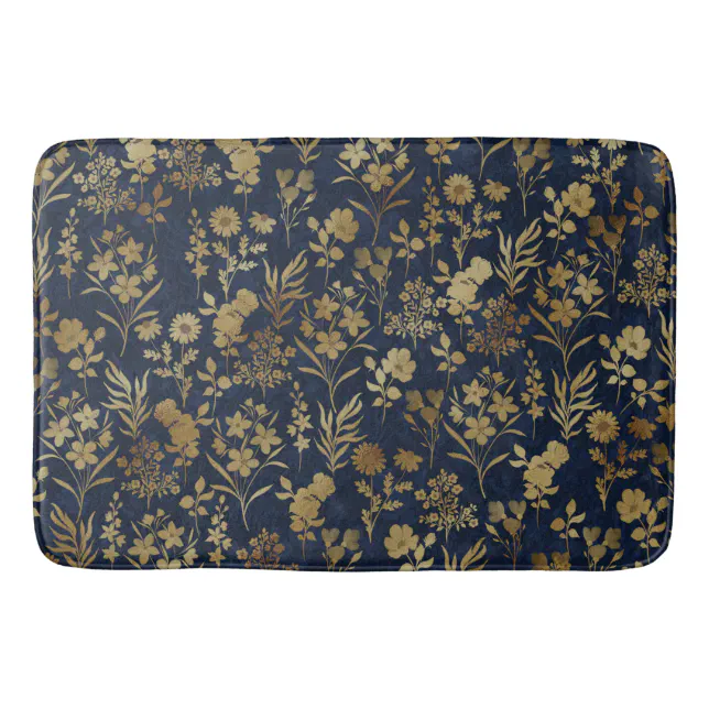 Elegant Gold Flowers Blue Botanical Bath Mat | Zazzle
