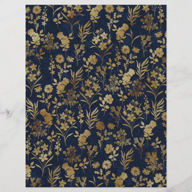 Elegant Gold Flowers Blue Botanical Letterhead | Zazzle