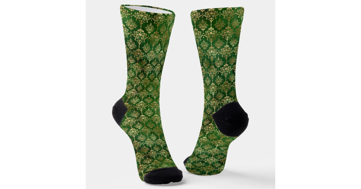 Elegant gold foil and green vintage damask pattern socks | Zazzle