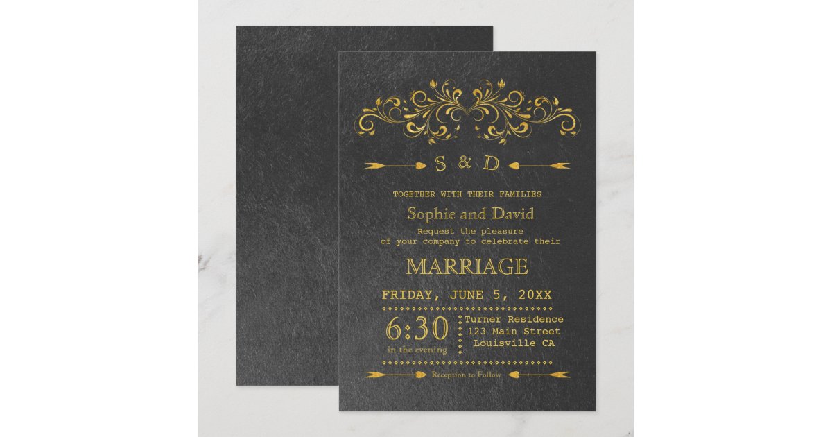 Elegant Gold Foil Flourish Black Wedding Invite | Zazzle