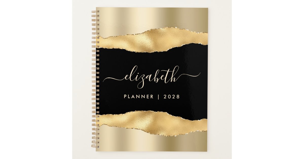 Elegant Gold Foil Glitter Monogrammed Black Planner | Zazzle