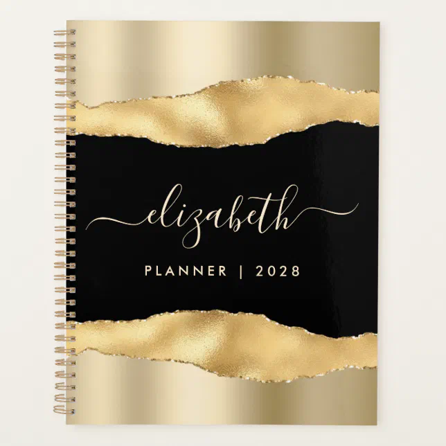 Elegant Gold Foil Glitter Monogrammed Black Planner | Zazzle