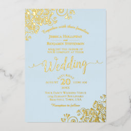 Elegant Gold Foil Lace on Powder Blue Wedding Foil Invitation | Zazzle