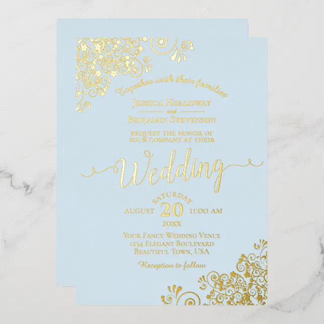 Elegant Gold Foil Lace on Powder Blue Wedding Foil Invitation | Zazzle