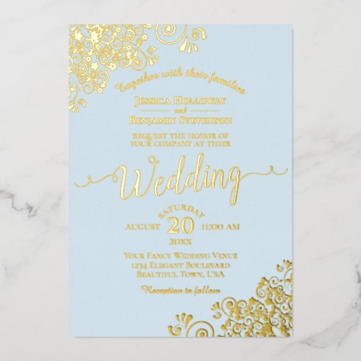 Elegant Gold Foil Lace on Powder Blue Wedding Foil Invitation | Zazzle