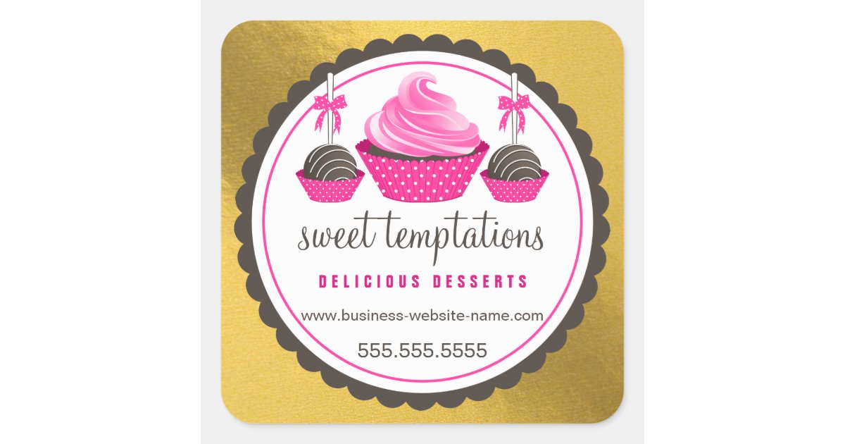 Elegant Gold Foil Look Pink Cupcake Cake Pops Square Sticker | Zazzle