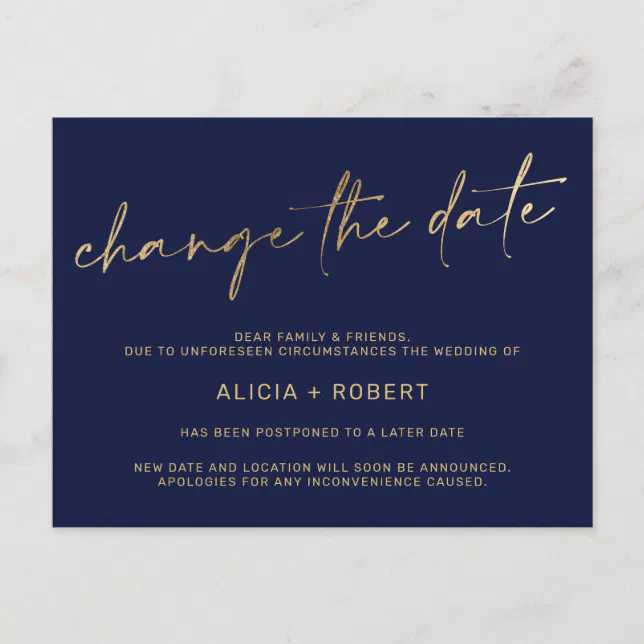 Elegant gold foil navy wedding change the date announcement postcard ...