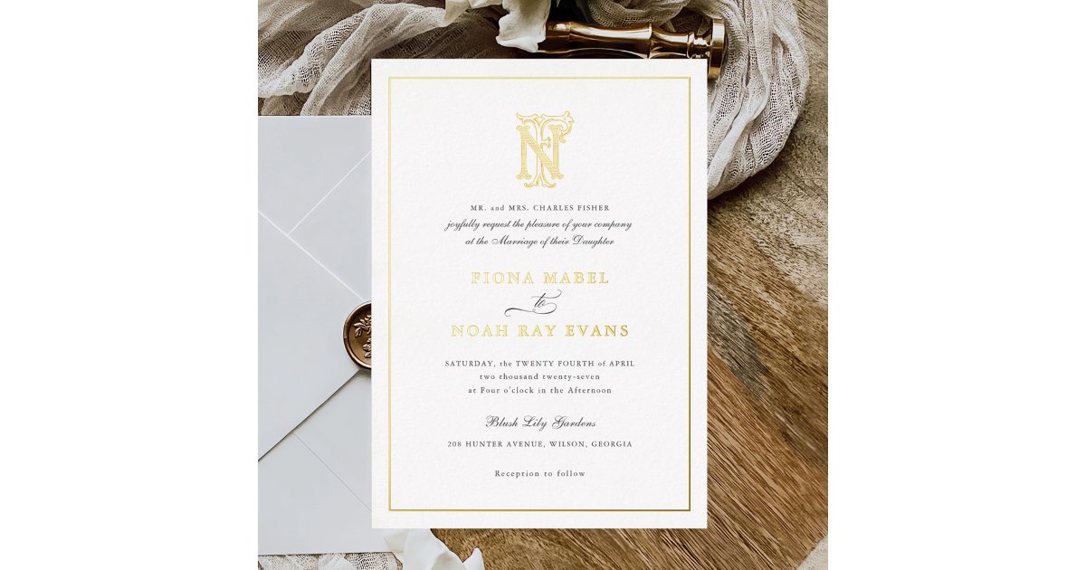 Elegant Gold Foil Vintage Monogram FN Wedding Foil Invitation | Zazzle