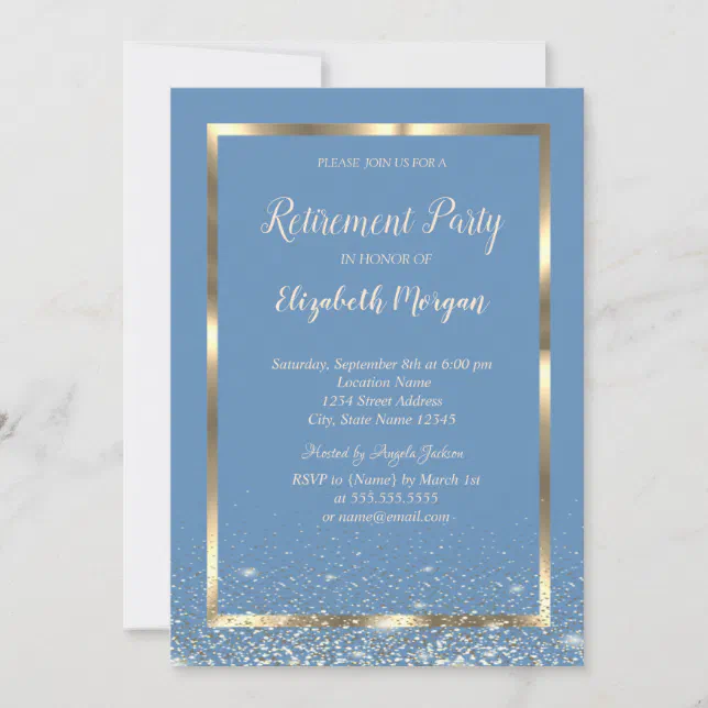 Elegant Gold Frame Confetti Light Blue Retirement Invitation | Zazzle