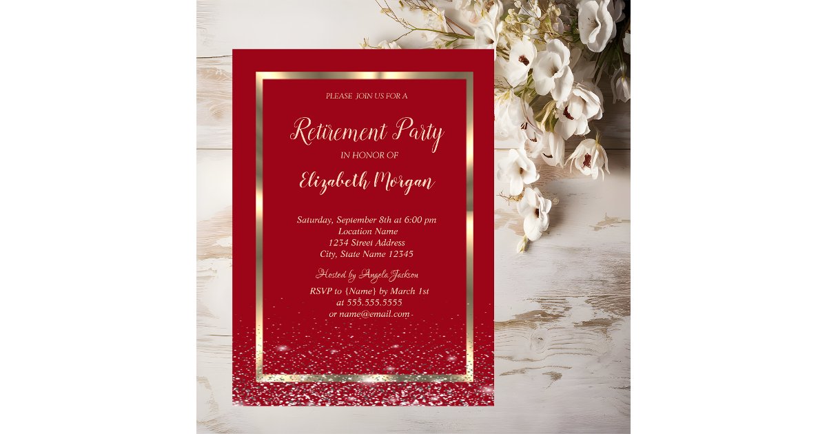 Elegant Gold Frame Confetti Red Retirement Invitation | Zazzle