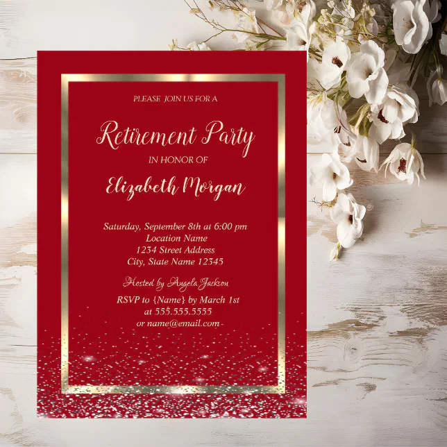 Elegant Gold Frame Confetti Red Retirement Invitation | Zazzle