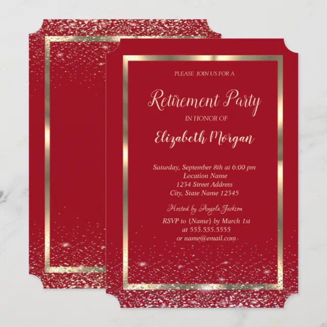 Elegant Gold Frame Confetti Red Retirement Invitation | Zazzle