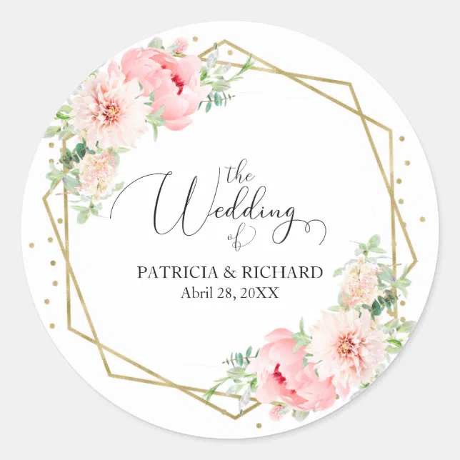 Elegant Gold Frame Geometric Blush Floral Wedding Classic Round Sticker ...