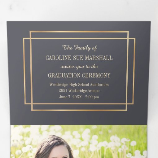 Elegant Gold Frame Graduation Photo Tri-Fold Holiday Card | Zazzle