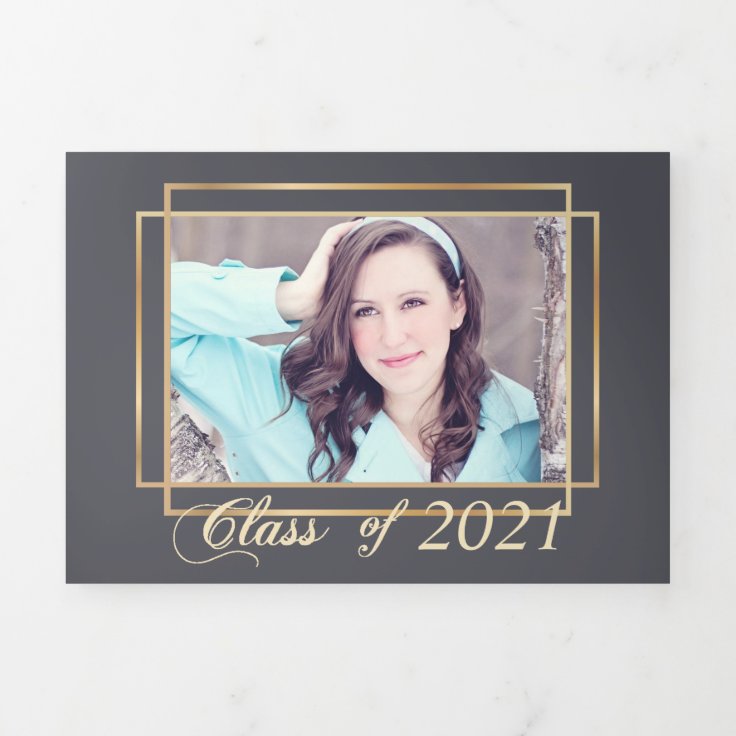 Elegant Gold Frame Graduation Photo Tri-Fold Holiday Card | Zazzle
