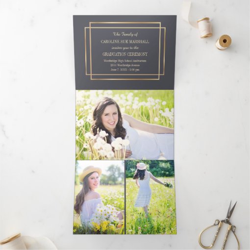 Elegant Gold Frame Graduation Photo Tri-Fold Holiday Card | Zazzle