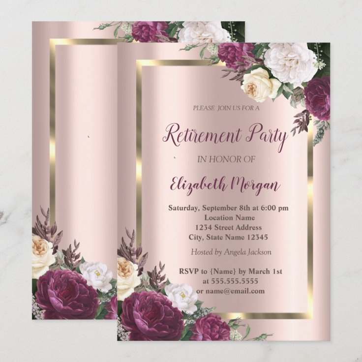 Elegant Gold Frame,Rose Gold Burgundy Retirement Invitation | Zazzle