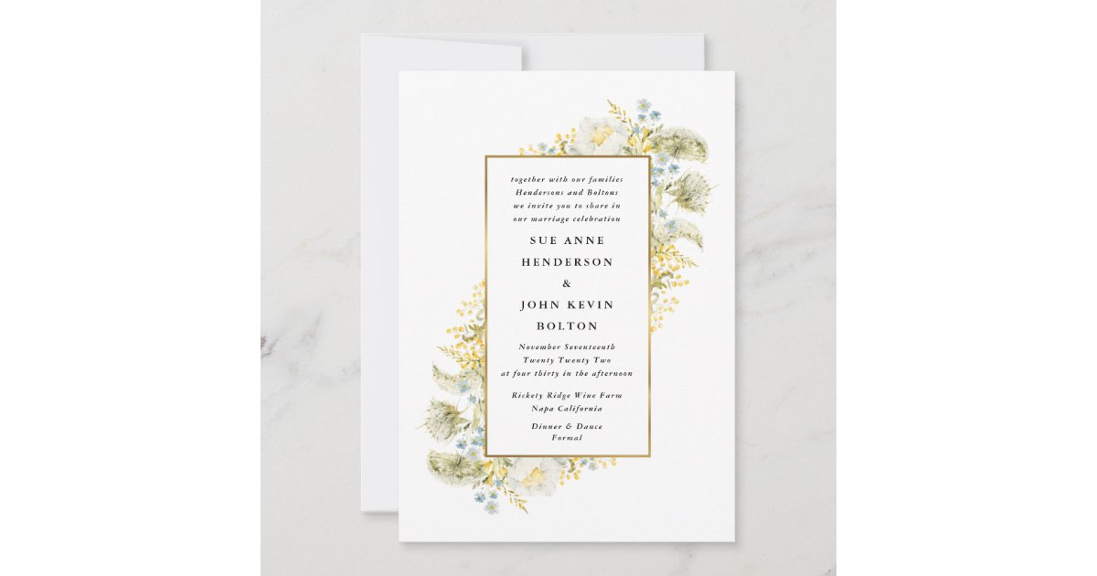 Elegant Gold Framed Wildflower Edging Wedding Invitation | Zazzle