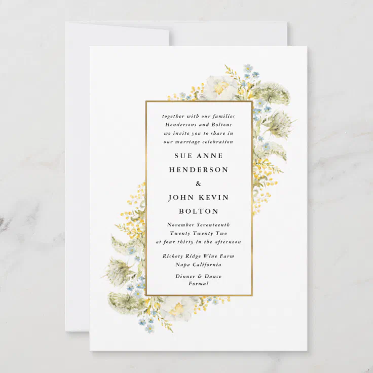 Elegant Gold Framed Wildflower Edging Wedding Invitation | Zazzle