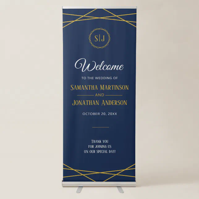 Elegant Gold Geometric | Dark Blue Wedding Welcome Retractable Banner ...