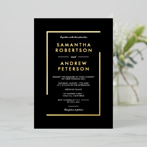 Elegant gold geometric frame photo wedding black foil invitation | Zazzle