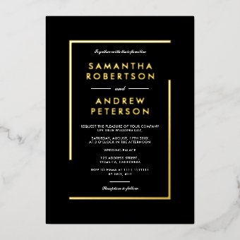 Elegant gold geometric frame photo wedding black foil invitation | Zazzle