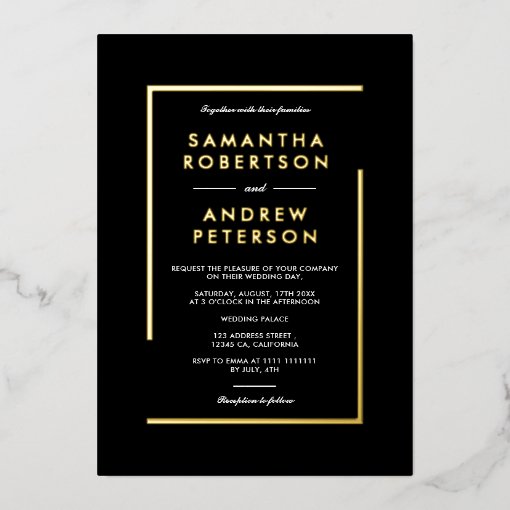 Elegant gold geometric frame photo wedding black foil invitation | Zazzle