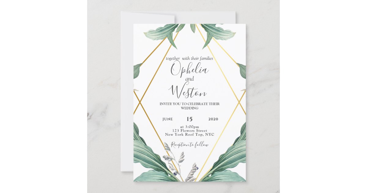 Elegant Gold Geometric Greenery Wedding Invitation Zazzle 8432