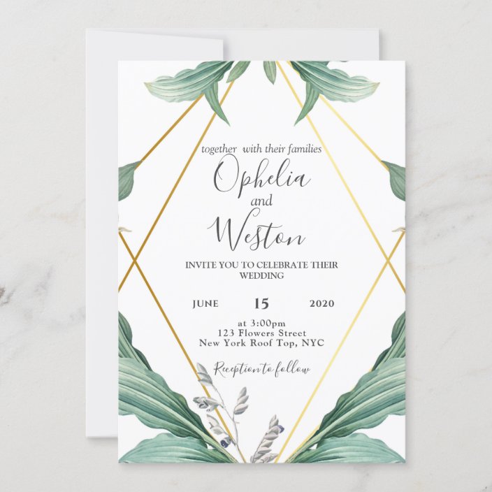 Elegant Gold Geometric Greenery Wedding Invitation 4460
