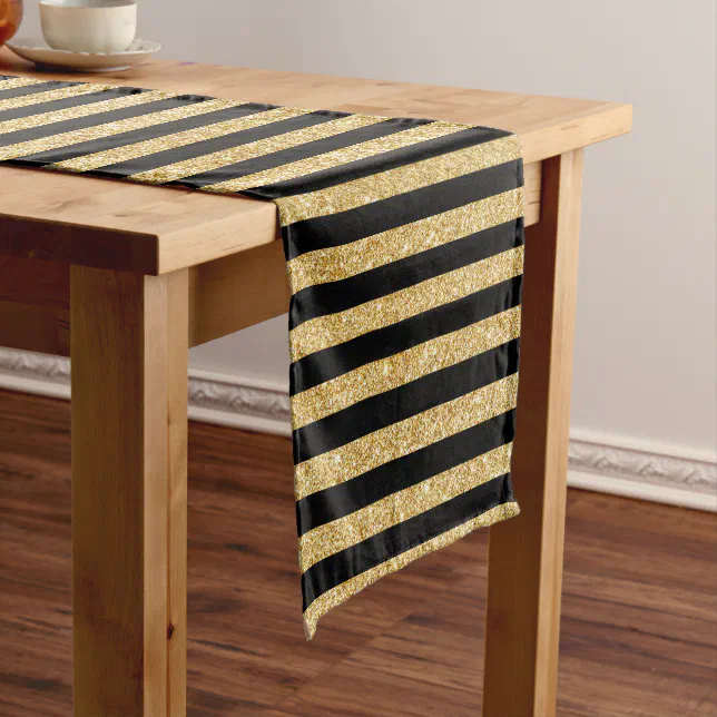 Elegant Gold Glitter and Black Stripe Pattern Short Table Runner | Zazzle