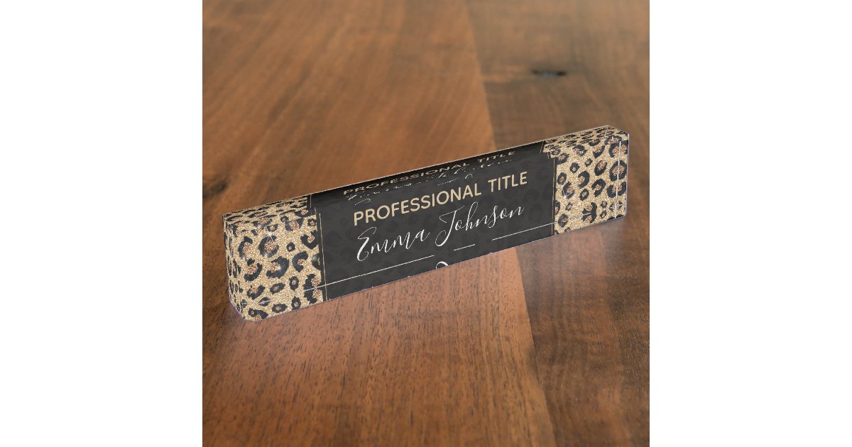 Elegant Gold Glitter Black Leopard Print Desk Name Plate | Zazzle