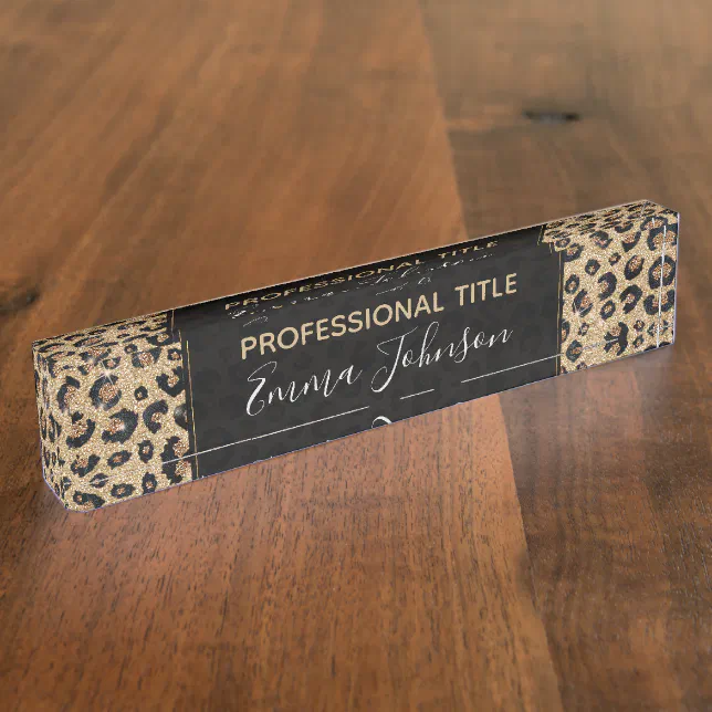 Elegant Gold Glitter Black Leopard Print Desk Name Plate | Zazzle