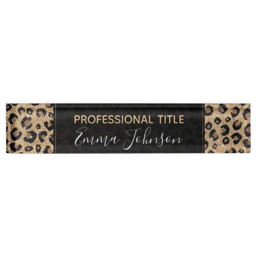 Elegant Gold Glitter Black Leopard Print Desk Name Plate | Zazzle
