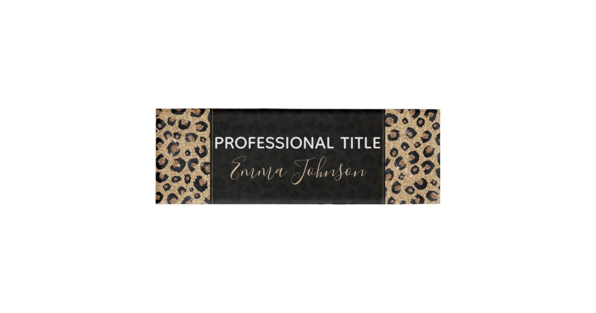 Elegant Gold Glitter Black Leopard Print Name Tag | Zazzle