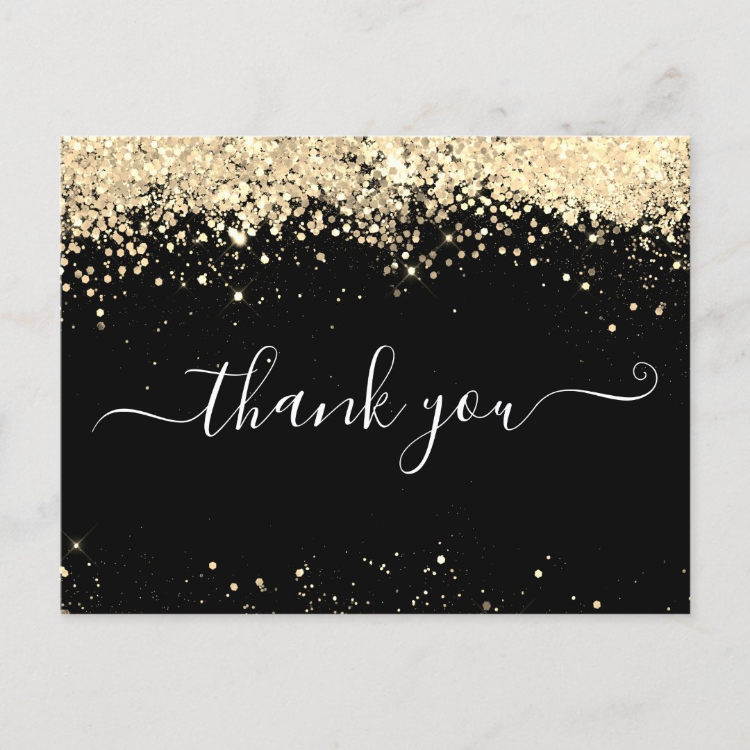 Elegant Gold Glitter Black Thank You Card | Zazzle