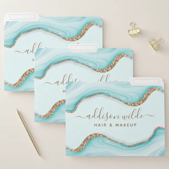 Elegant Gold Glitter Blue Marble Agate Modern File Folder | Zazzle