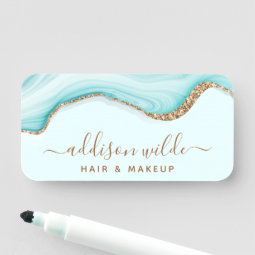 Elegant Gold Glitter Blue Marble Agate Modern Name Tag | Zazzle