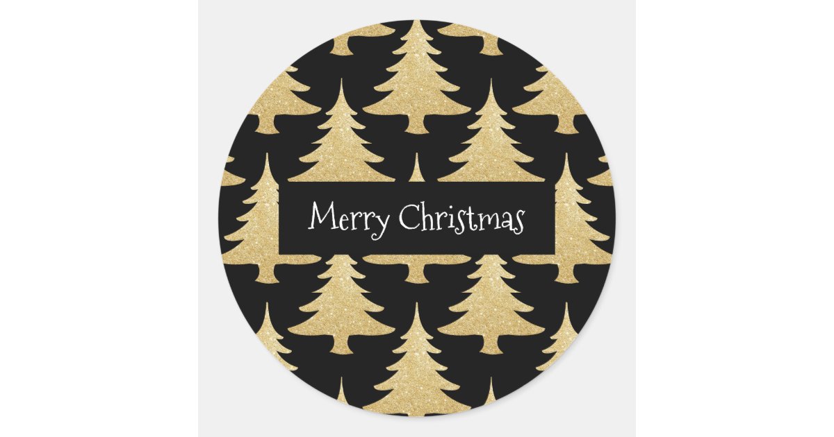 elegant gold glitter Christmas tree pattern black Classic Round Sticker ...